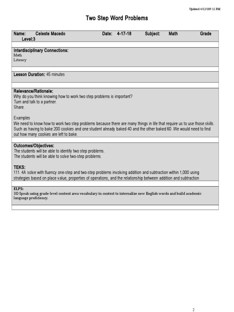 Two Step Problems Lesson | PDF | Educational Assessment | Change