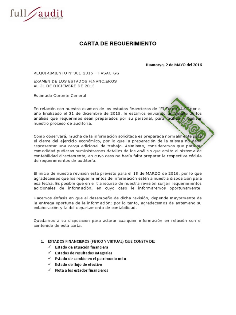Carta de Requerimiento | Contabilidad | Estado financiero