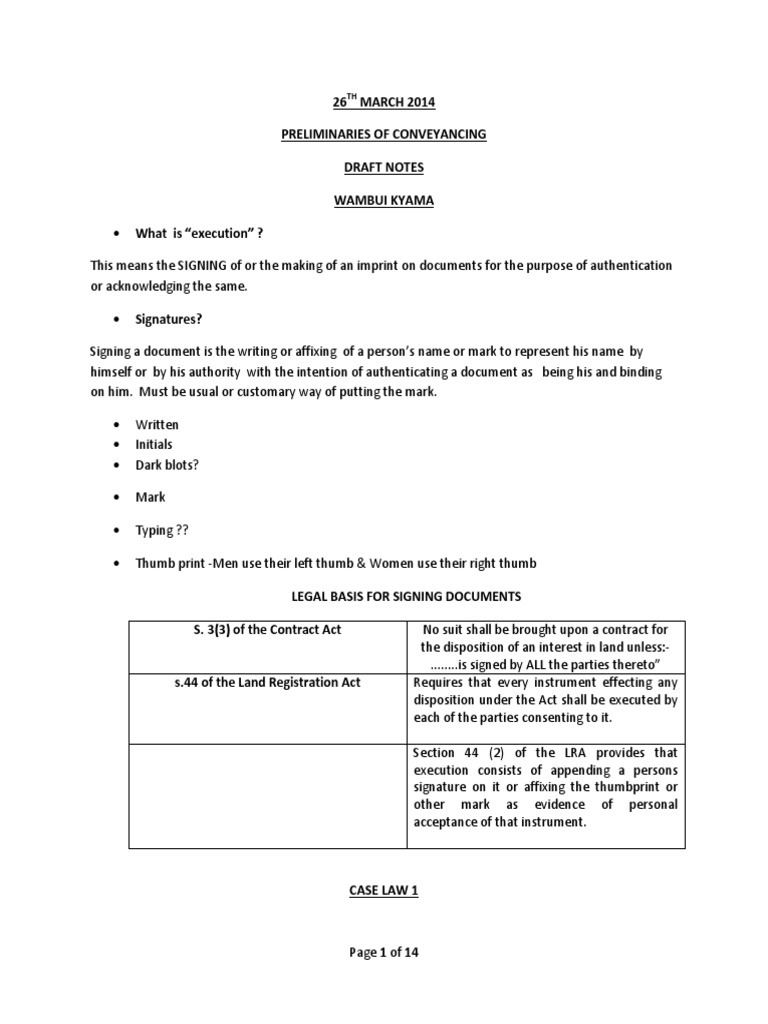 Preliminaries of Conveyancing - Draft Notes | Power Of Attorney | Signature
