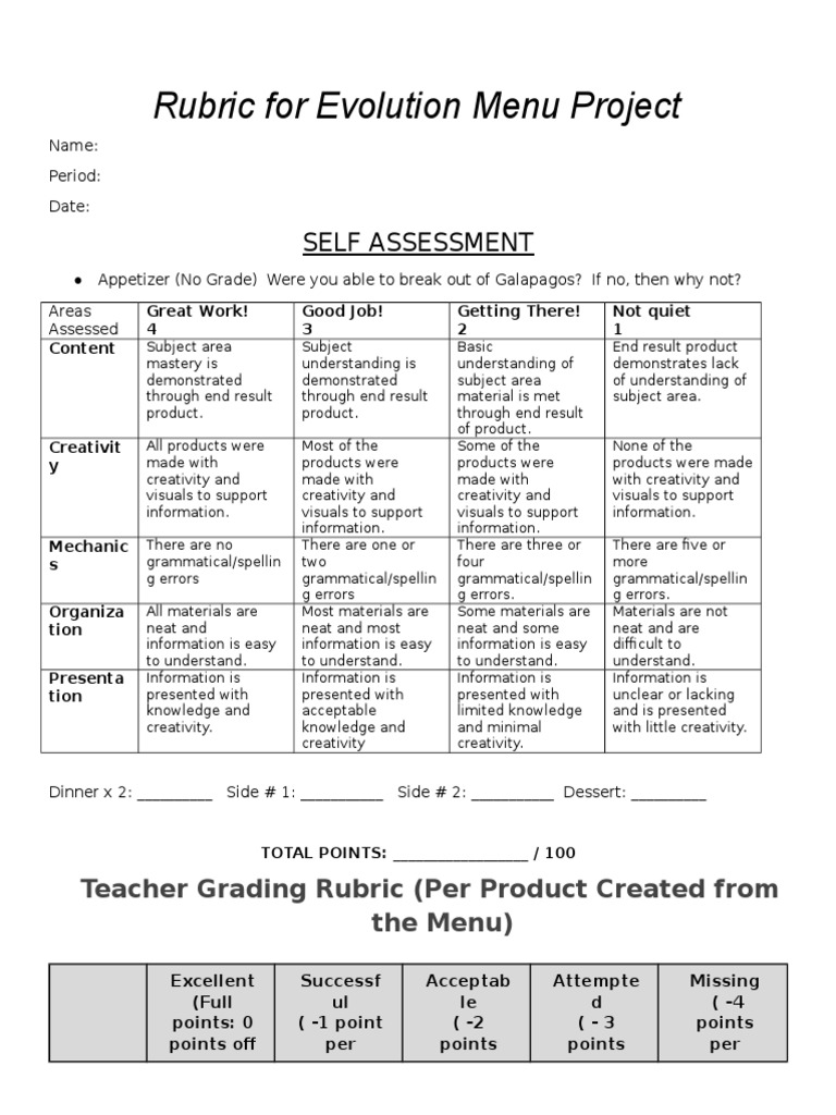 Rubric For Evolution Menu Project | PDF | Rubric (Academic ...