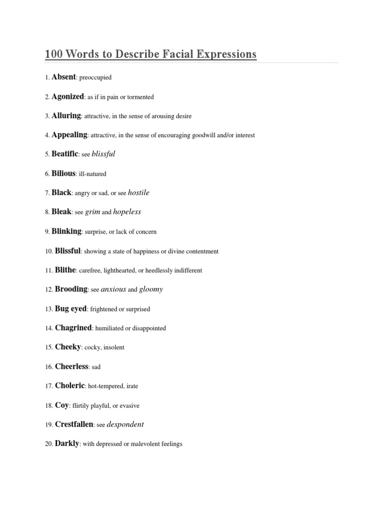 100 Words To Describe Facial Expressions | PDF | Emotions | Cognitive ...