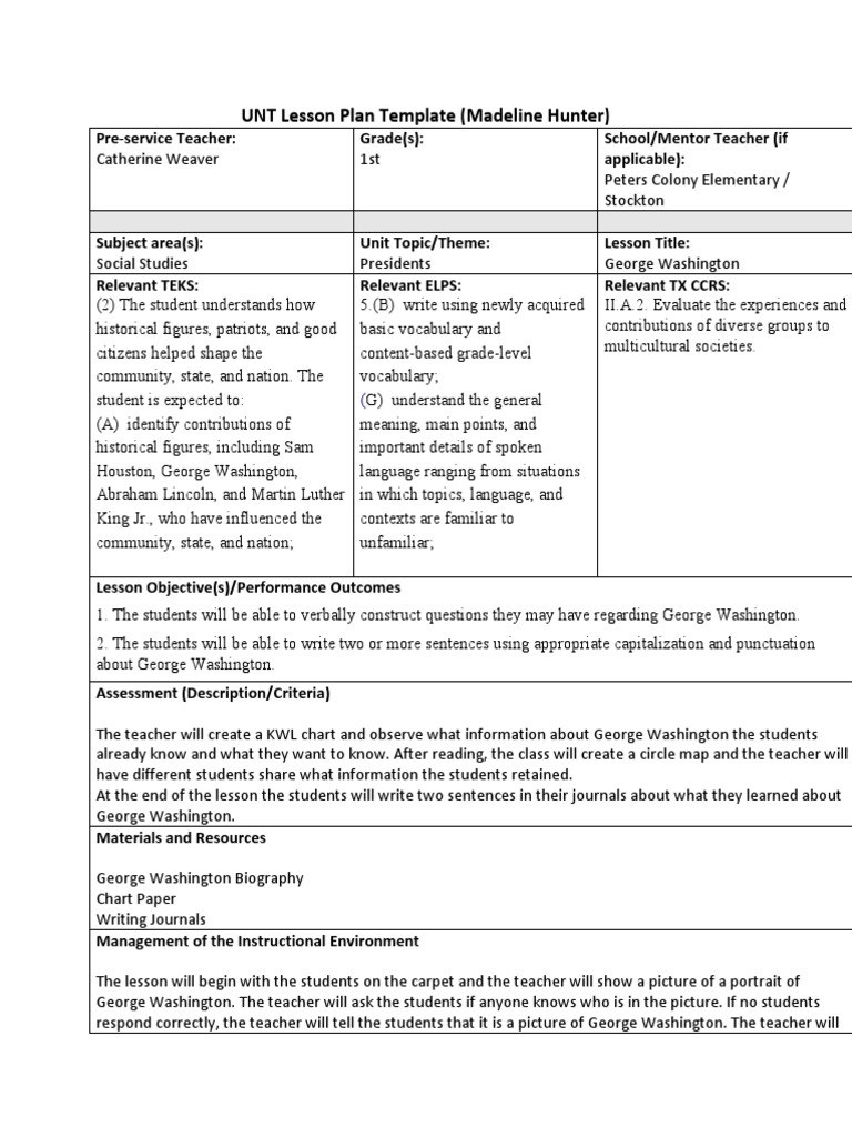 1st Grade Lesson on George Washington | PDF | Classroom | Teachers