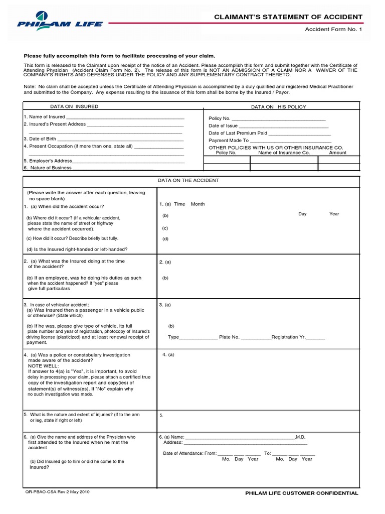 Claimant's Accident Statement Form | PDF | Physician | Insurance