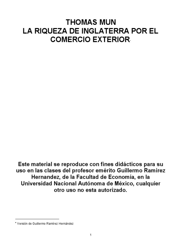 Thomas Mun La Riqueza de Inglaterra Por El Comercio Exterior | PDF | Comercio | Dinero