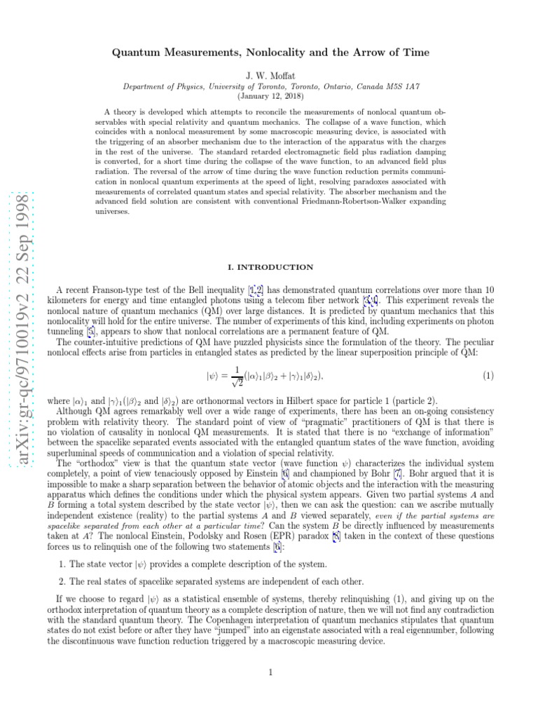 John Moffat - Quantum Measurements, Non Locality, and The Arrow of Time ...