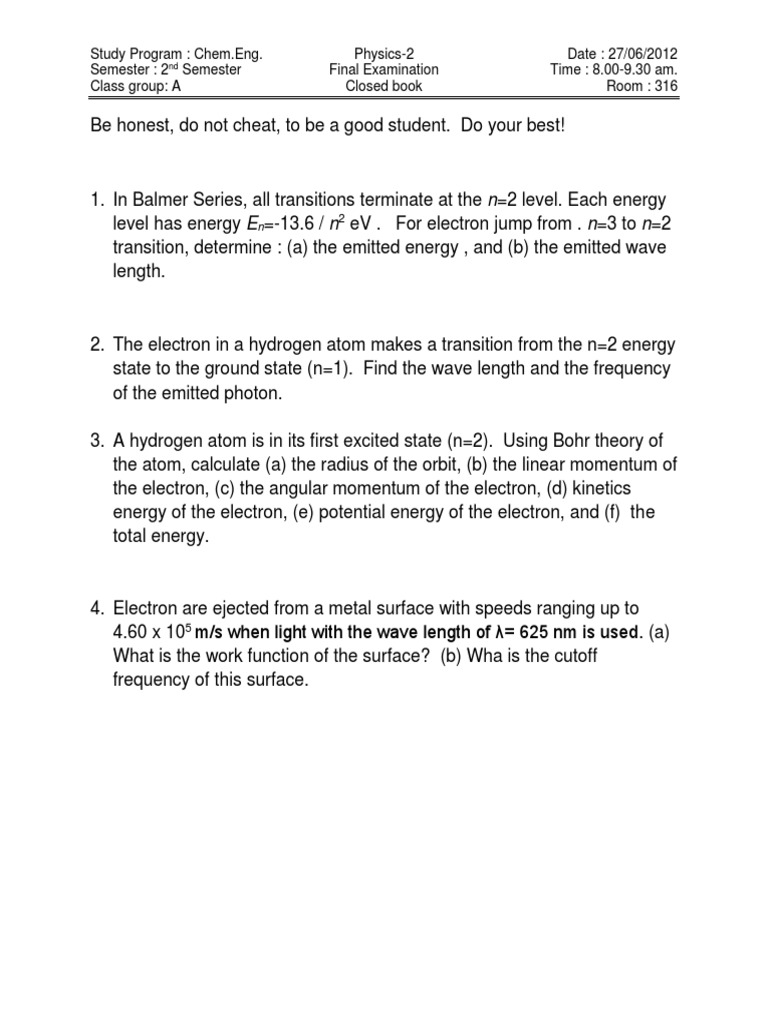 Study Program: Chem - Eng. Physics-2 Date: 27/06/2012 Semester: 2 ...