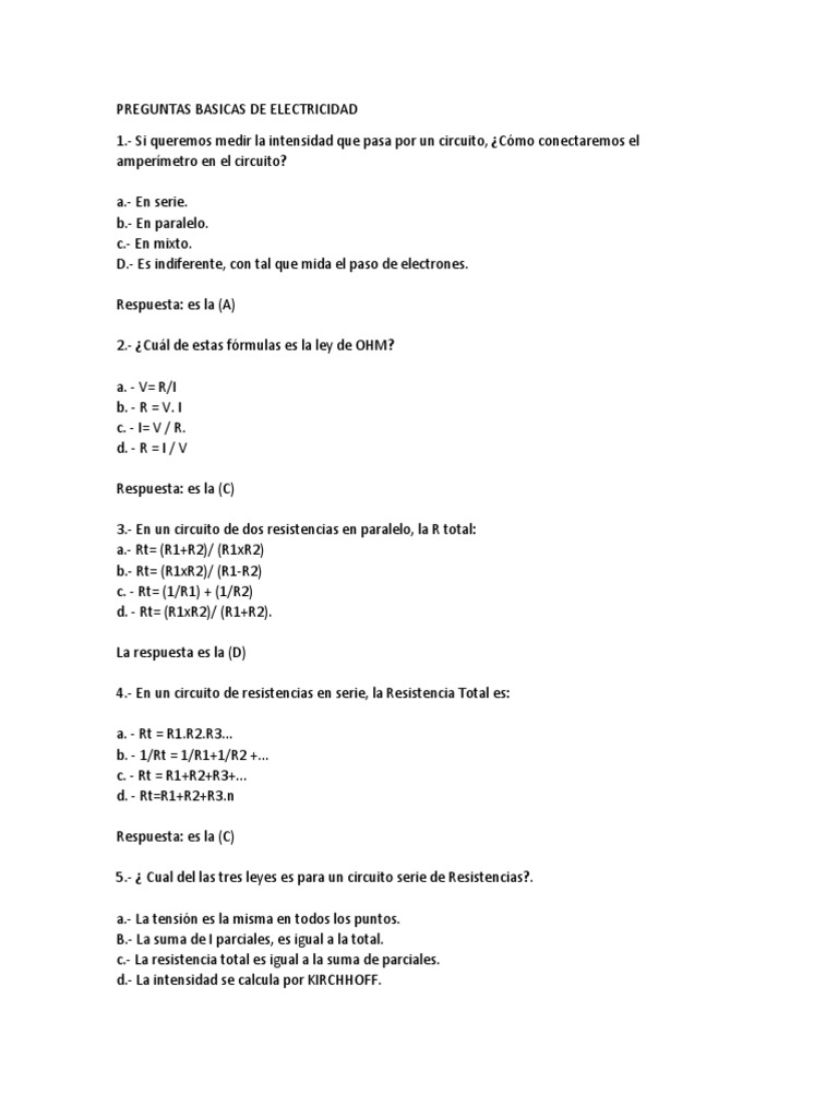 Preguntas Basicas de Electricidad | PDF | Resistencia Eléctrica y ...