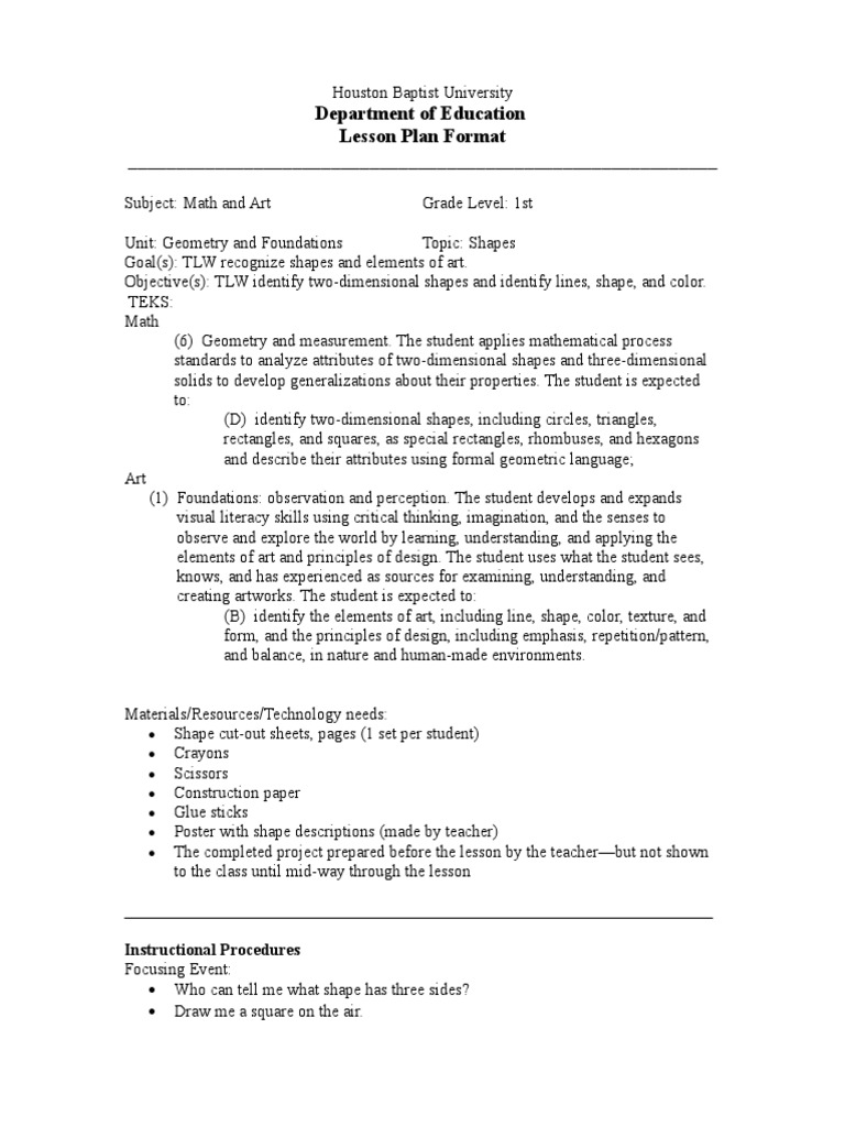 Integrated Lesson Plan 3 Art | PDF | Shape | Geometry