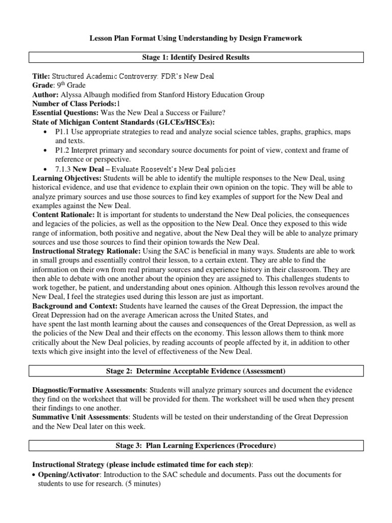 New Deal Sac Formal Lesson Plan | PDF | New Deal | Educational Assessment