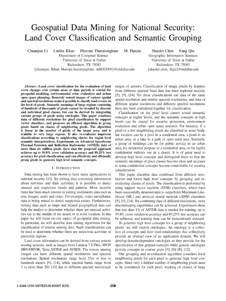 Land Cover Classification and Semantic Grouping: Geospatial Data Mining For National Security ...