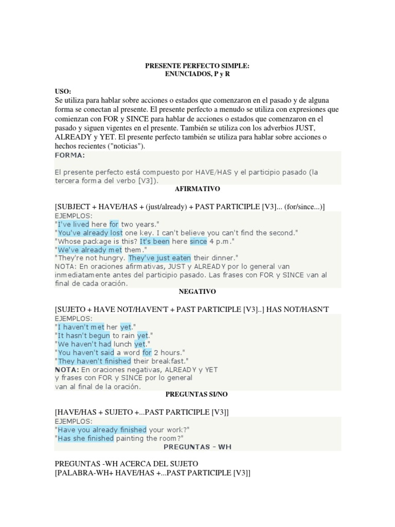 Presente Perfecto Simple | PDF | Reglas | Sintaxis