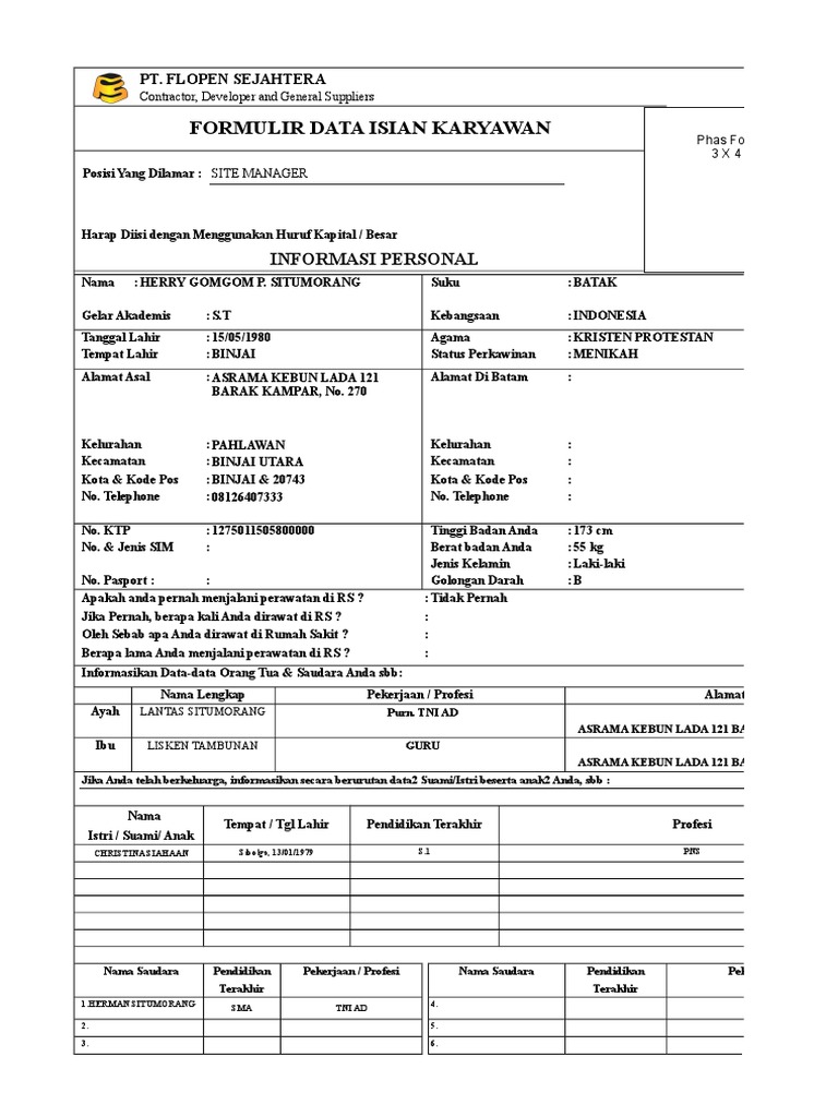 Form Data Isian Karyawan | PDF
