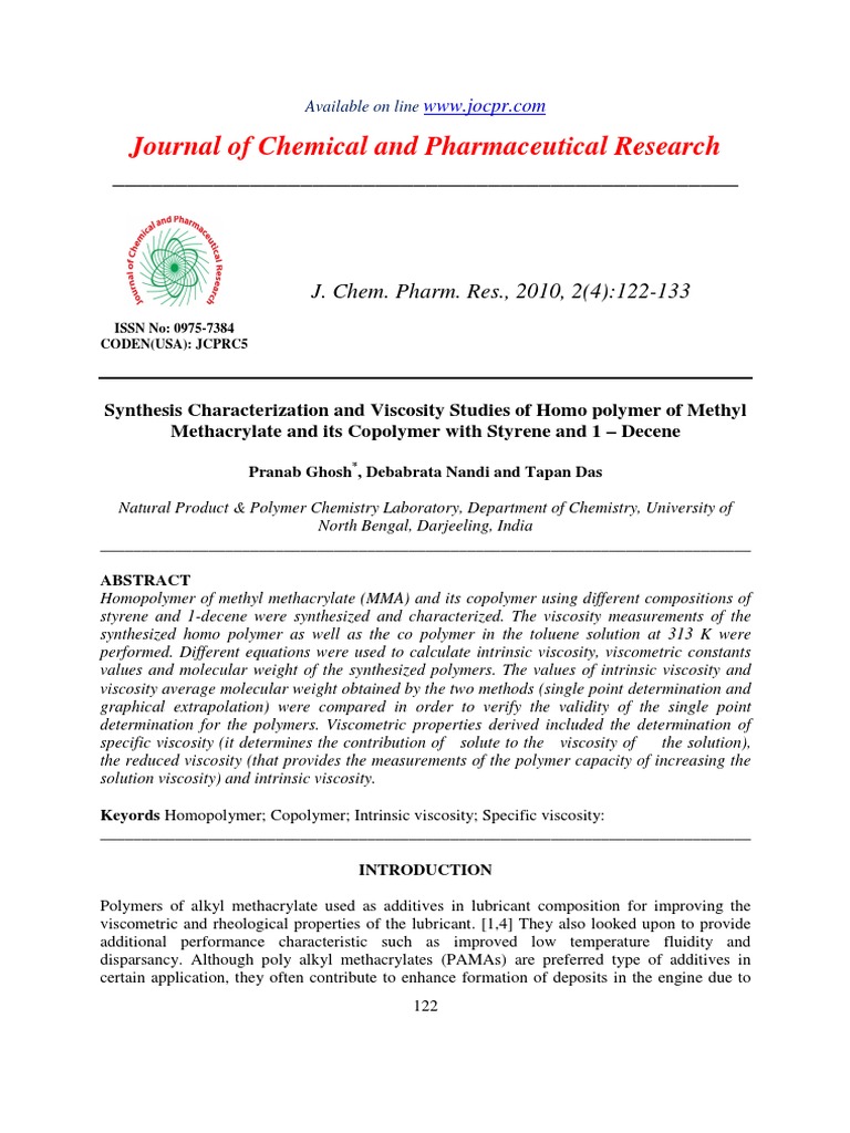 Synthesis Characterization and Viscosity Studies of Homo Polymer of Methyl Methacrylate and Its ...