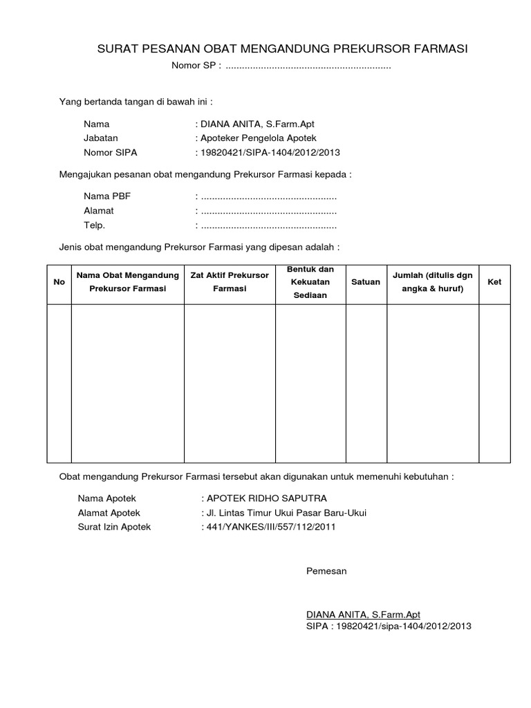 Surat Pesanan Obat Mengandung Prekursor Farmasi | PDF