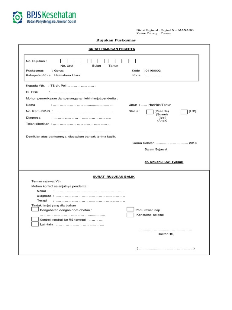 Contoh Surat Rujukan Puskesmas BPJS | PDF
