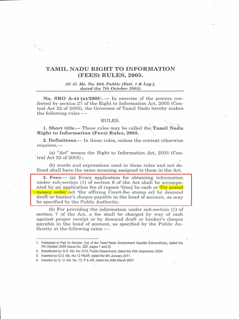 Tamil Nadu RTI Fees Rules, 2005 | PDF