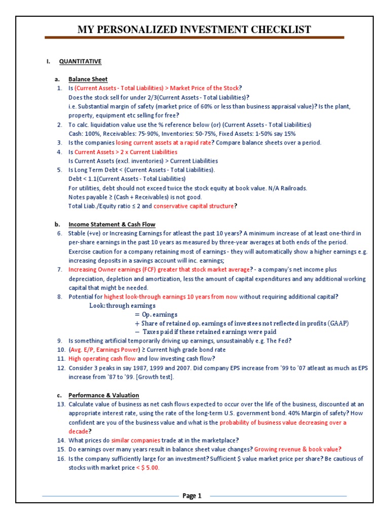 Investment Checklist | PDF | Stocks | Price–Earnings Ratio
