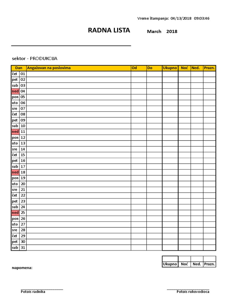 Formular Radna Lista | PDF