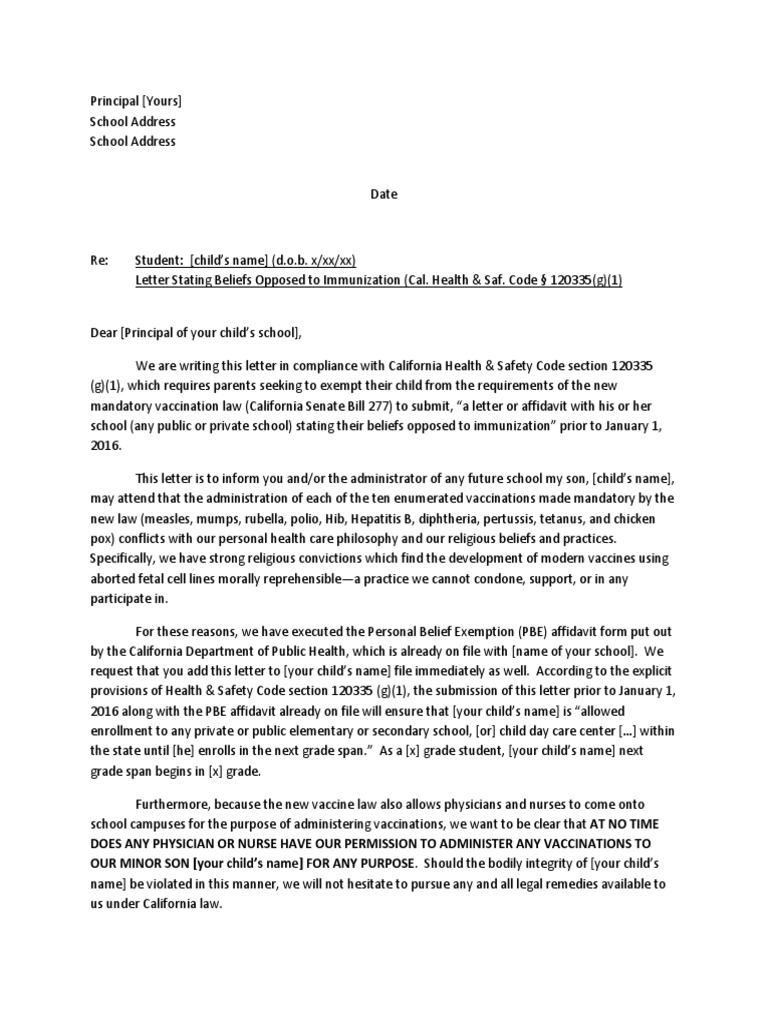 SB277 - Sample Exemption Letter To Schools-1 | PDF | Vaccines | Pediatrics