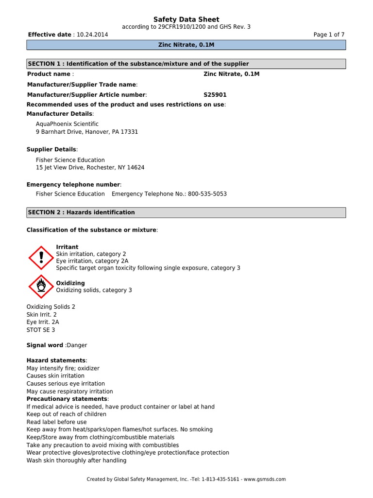 Zinc Nitrate SDS | PDF | Dangerous Goods | Toxicity