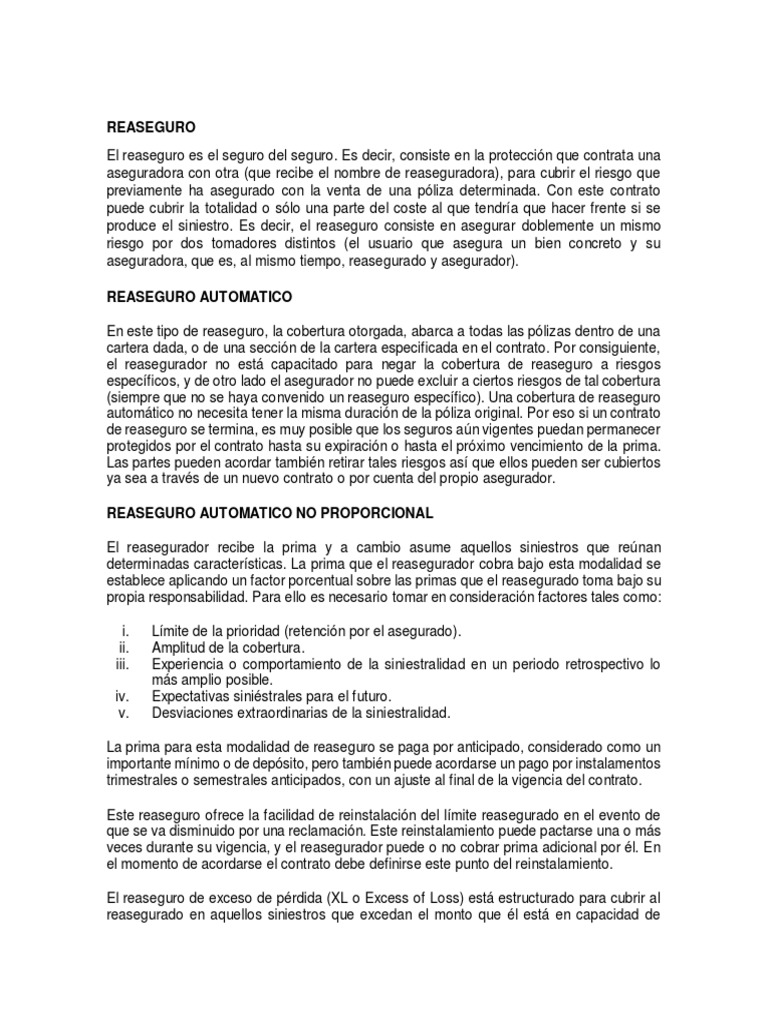 Reaseguro No Proporcional Trabajo Escrito | PDF | Reaseguro | Póliza de seguros