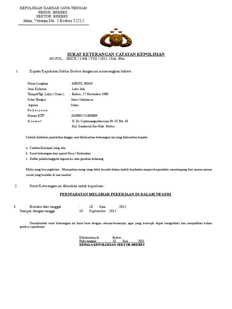 Contoh SKCK untuk Lamaran Kerja | PDF