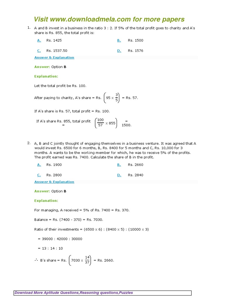 15 Partnership Aptitude Questions With Solutions | PDF | Investing ...