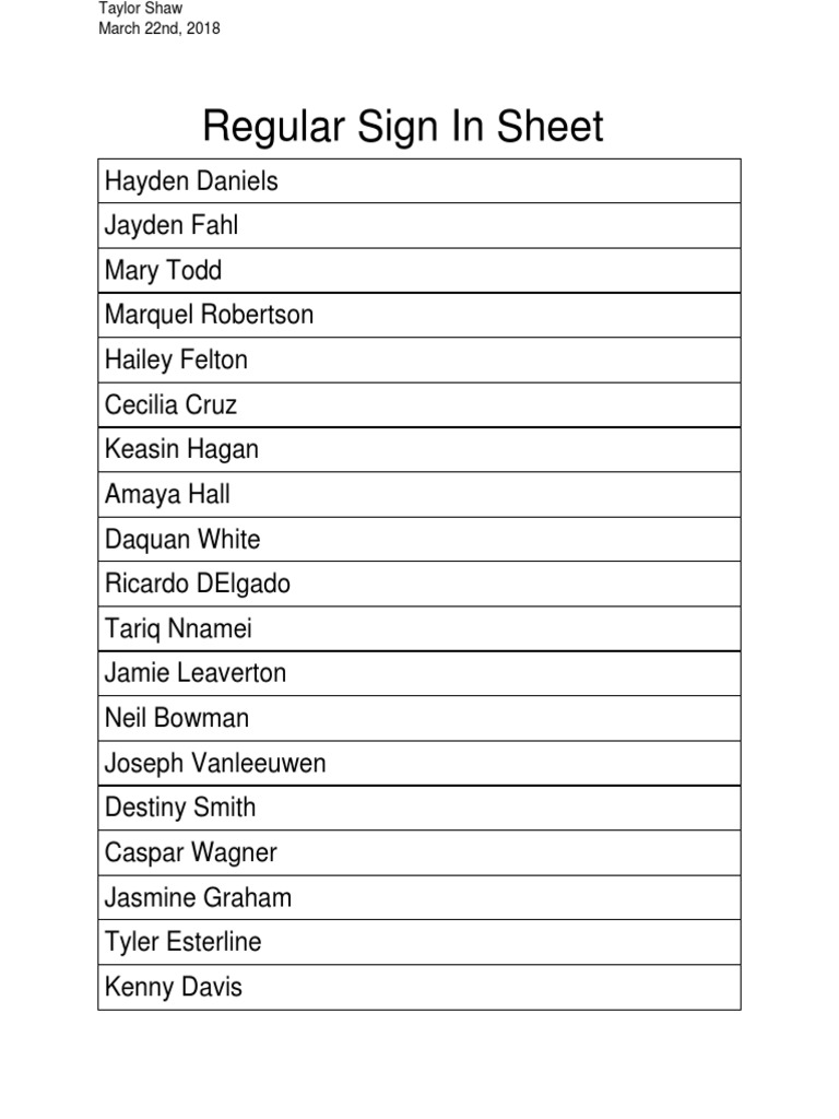 Regular Sign in Sheet 1 | PDF
