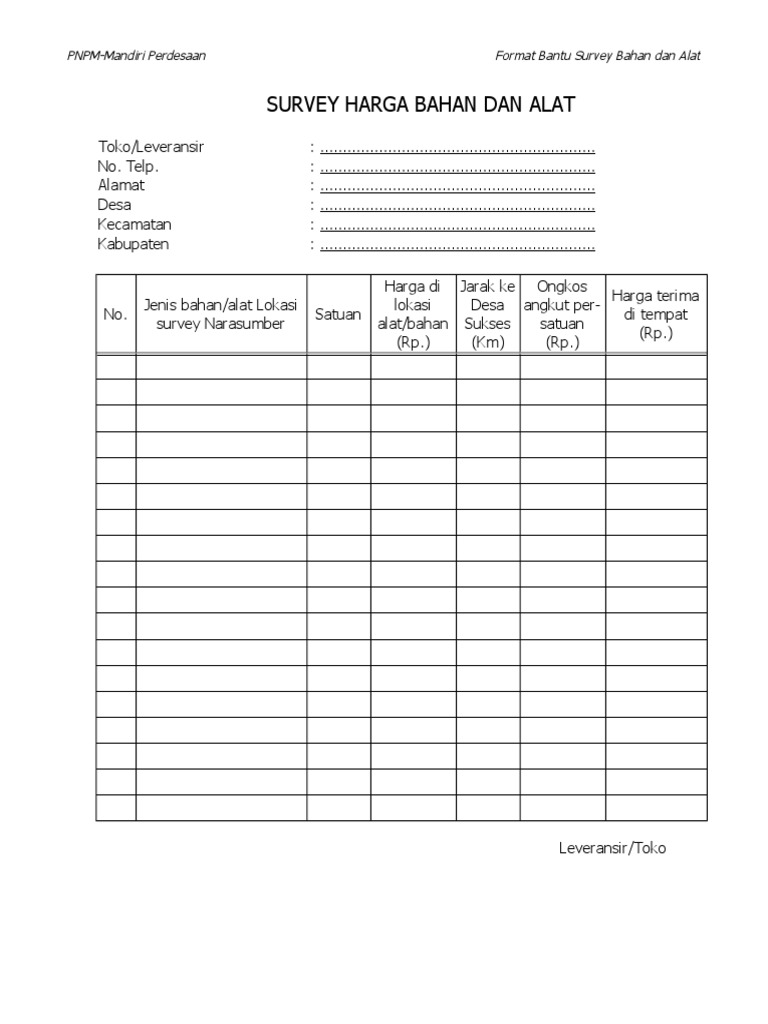 Format Survey Harga Bahan Bangunan | PDF