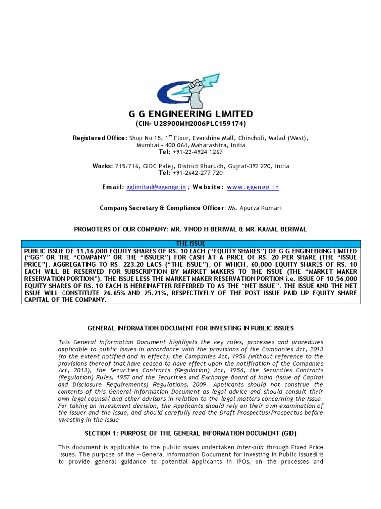 G G Engineering Limited: (CIN-U28900MH2006PLC159174) | PDF | Securities ...