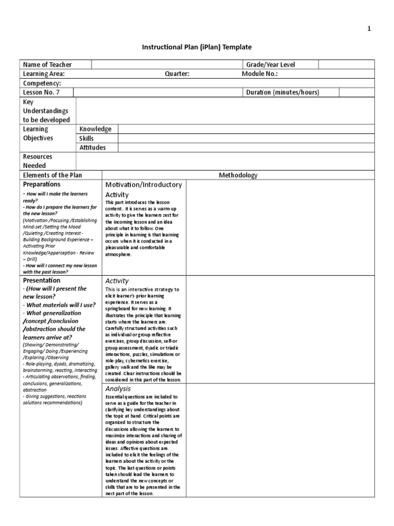 Instructional Plan (Iplan) Template: Motivation/Introductory Activity ...