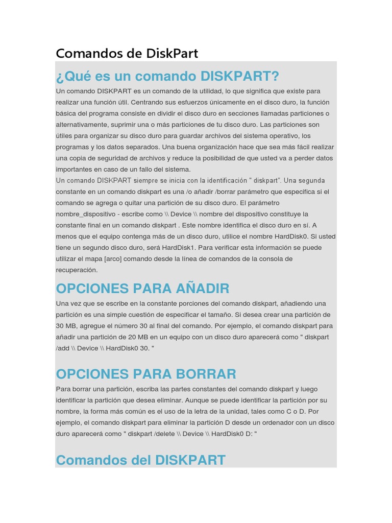 Comandos de DiskPart | PDF | Disco duro | Arquitectura X86