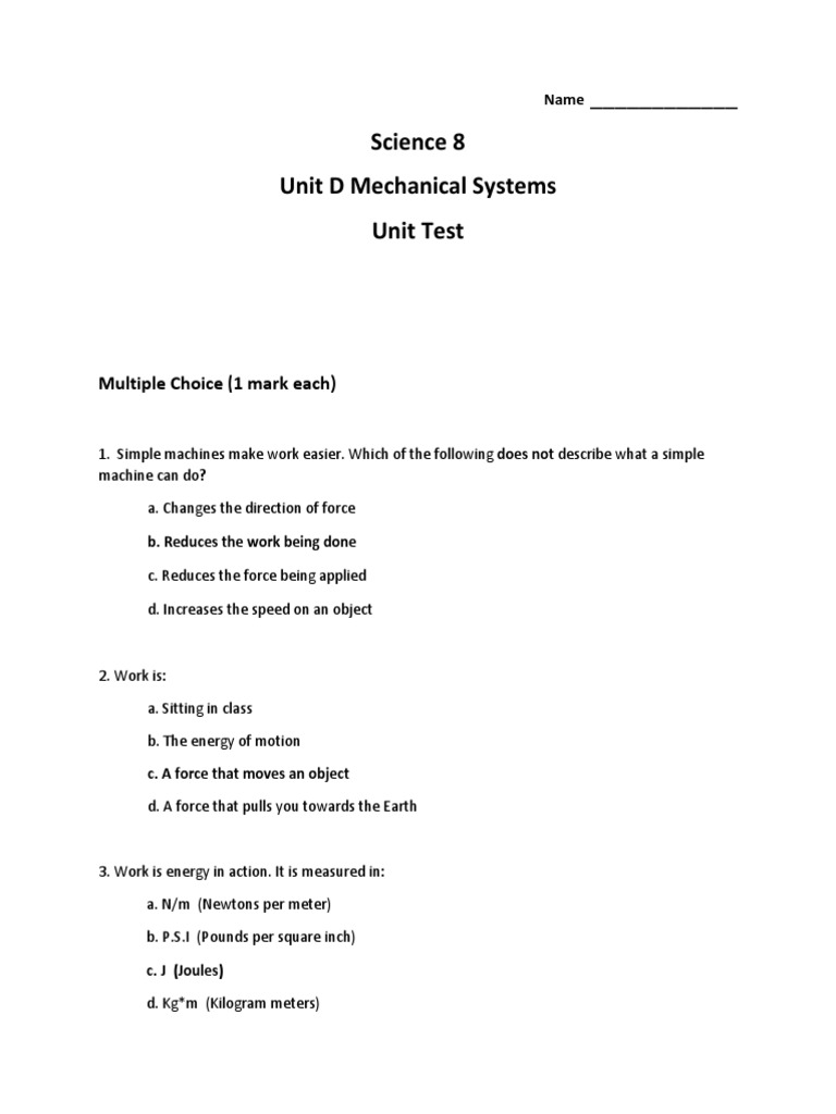 Science 8 Mechanical Systems Unit Test | PDF | Machines | Applied And ...