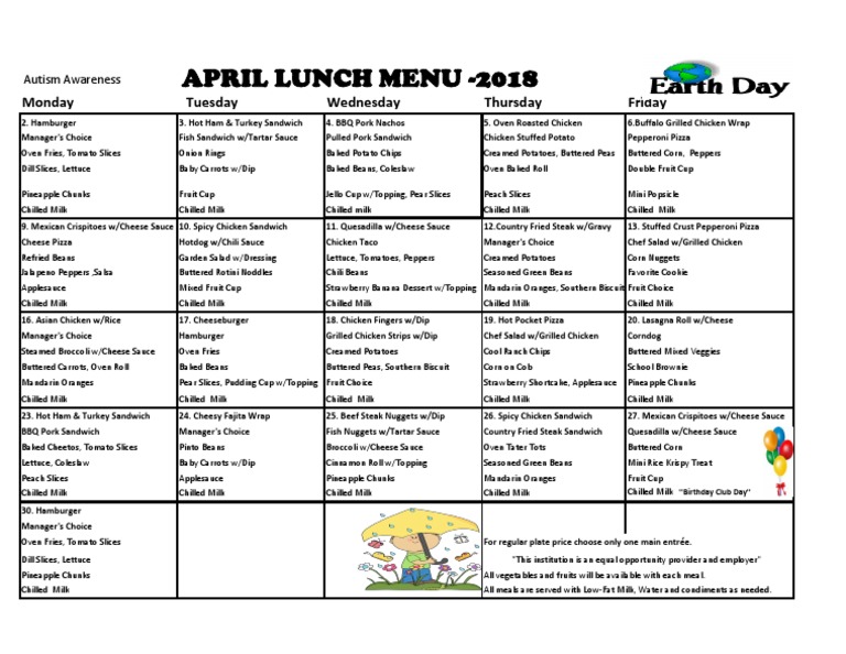 April 2018 Lunch Menu | PDF | Salad | Hamburgers