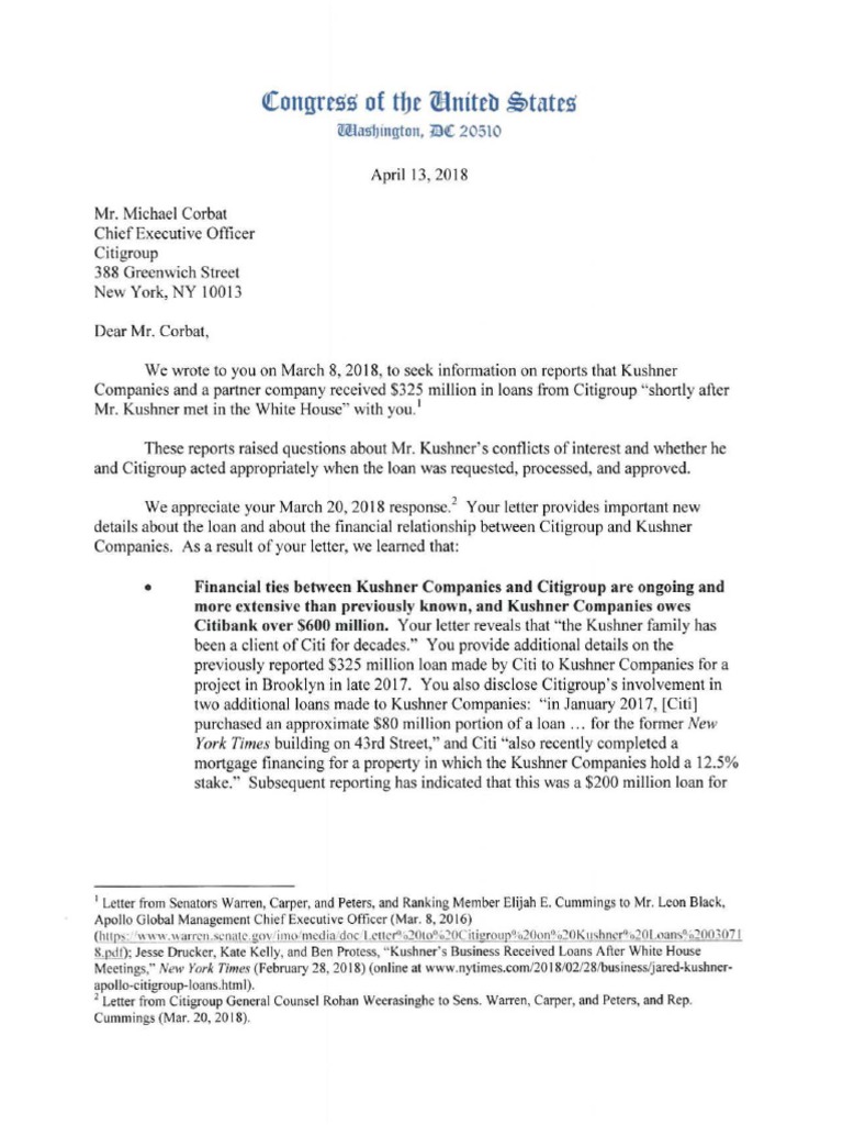 Citigroup-Kushner Loan Inquiry Letter | PDF | Citigroup | Financial ...