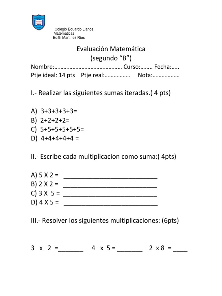 Evaluacion Multiplicacion Segundo | PDF