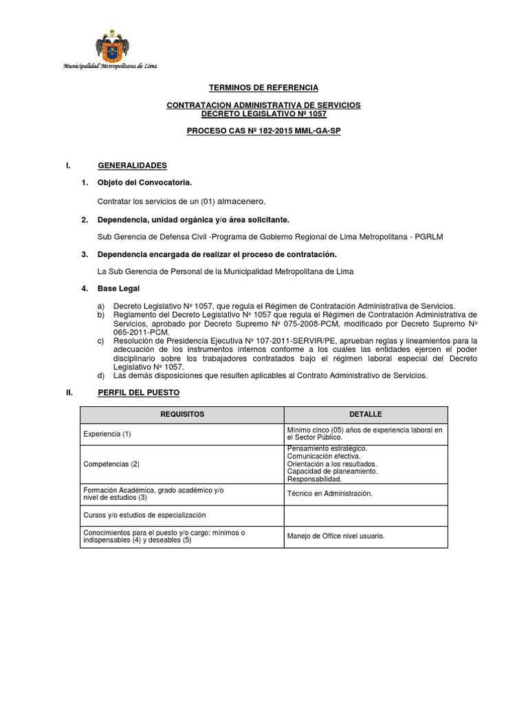 182 TDR Subgerencia de Defensa Civil 01 Almacenero | PDF | Defensa Civil | Lima
