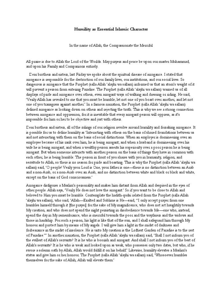 Humility As Essential Islamic Character - MS Khutba | PDF | Humility ...