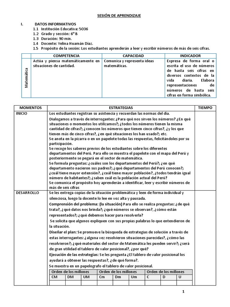 02 Sesion de Mat. Lec y Escrit. de 6 Cifras | PDF | Perú | Lectura (proceso)