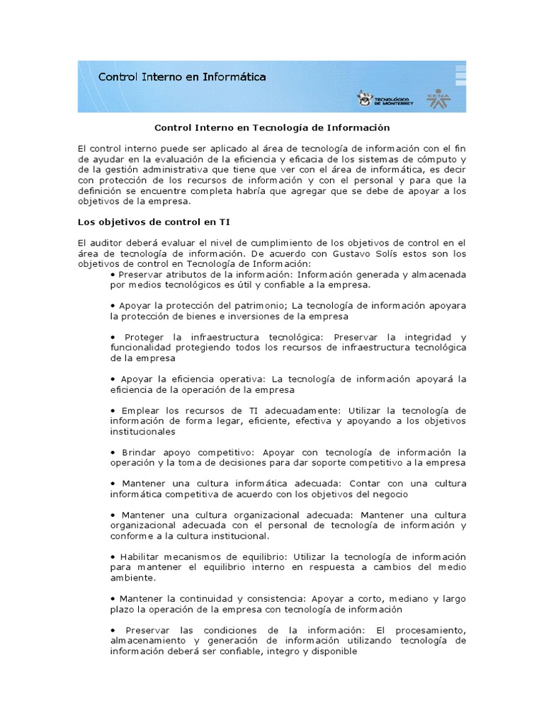 Unidad 1 Control Interno en Tecnologia de Informacion | PDF ...