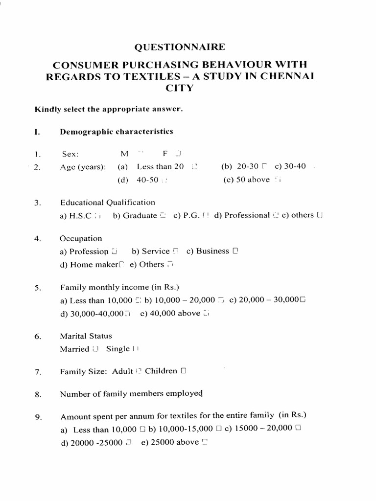 Questionnaire Consumer Purchasing Behaviour With Regards To Textiles ...