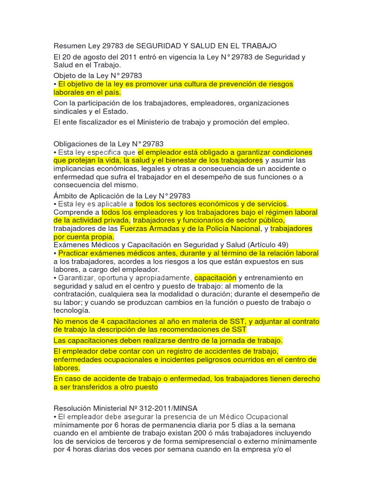 Resumen Ley 29783 de Seguridad y Salud e | Derecho laboral | Gobierno
