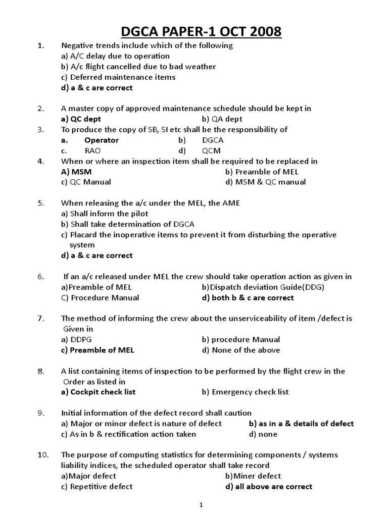 Dgca Paper-1 Oct 2008: D) A & C Are Correct A) QC Dept A. Operator A ...