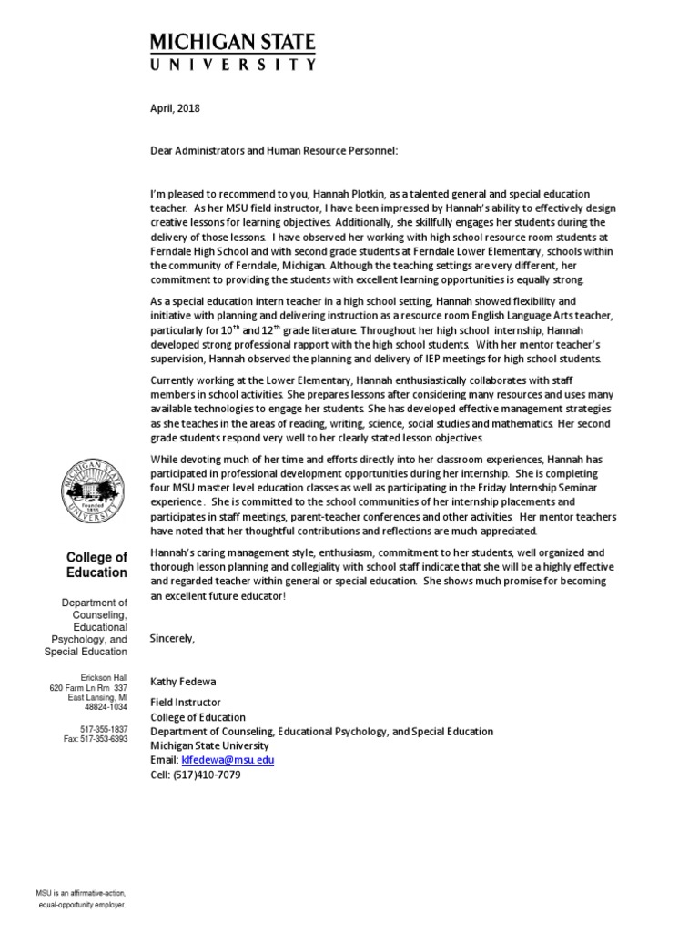 Hannah Plotkin Recommendation Letter 1 Spring 2018 1 | PDF | Special ...