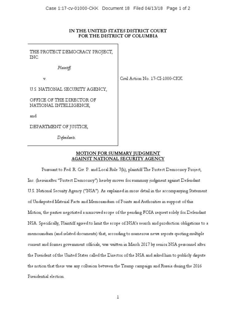 18 Plaintiff's Motion For Summary Judgment (17-1000-CKK) | Download ...