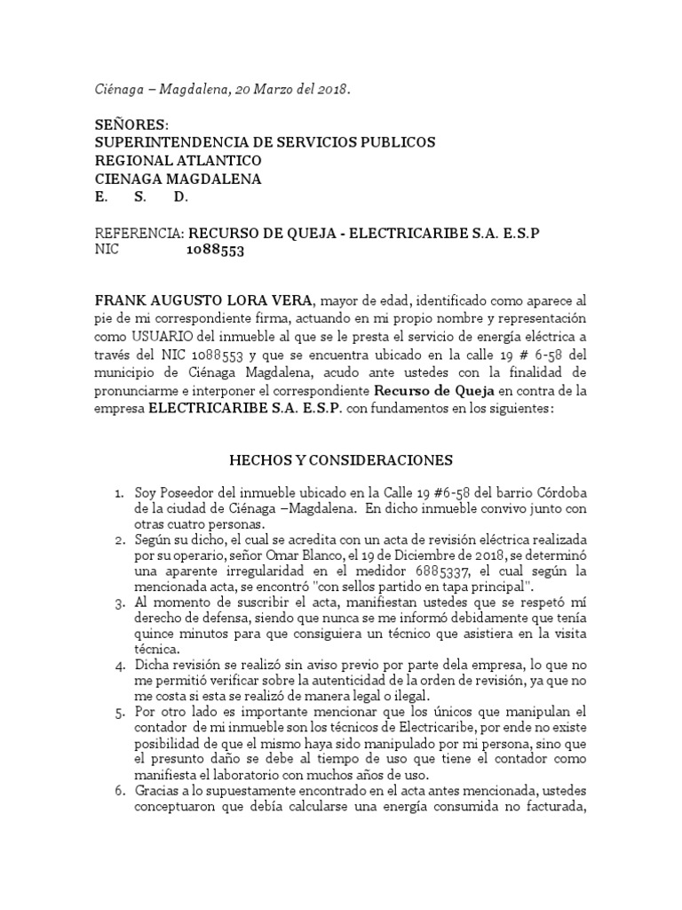Recurso de Queja Electricaribe | Pagos | Apelación