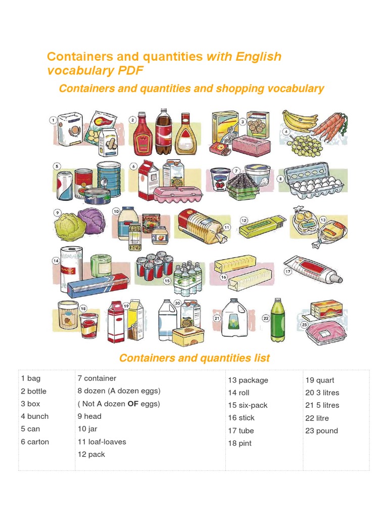 English Vocabulary: Containers & Quantities | PDF