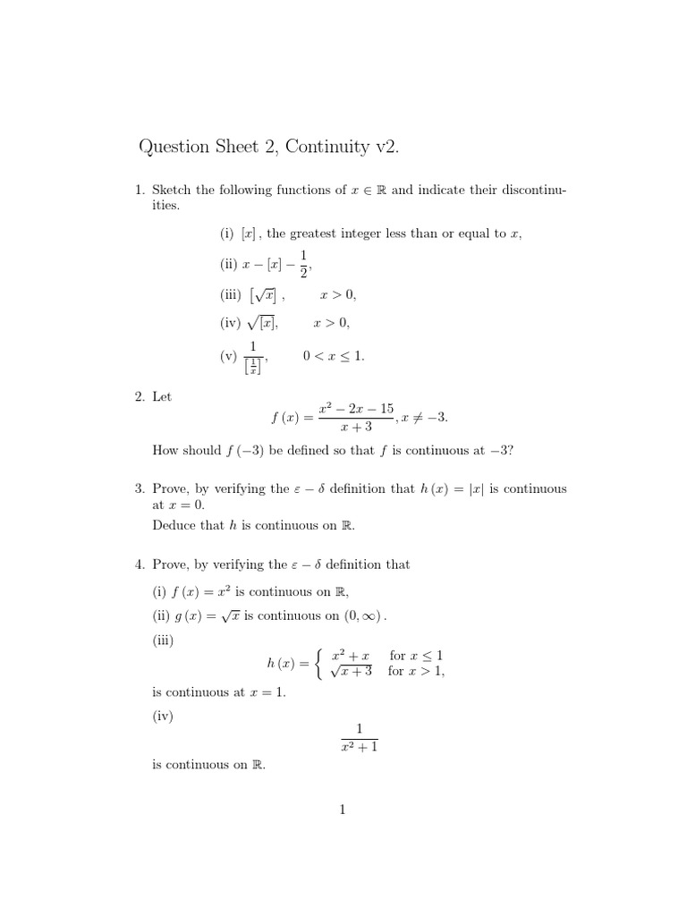 Question Sheet 2, Continuity v2 | PDF | Continuous Function ...