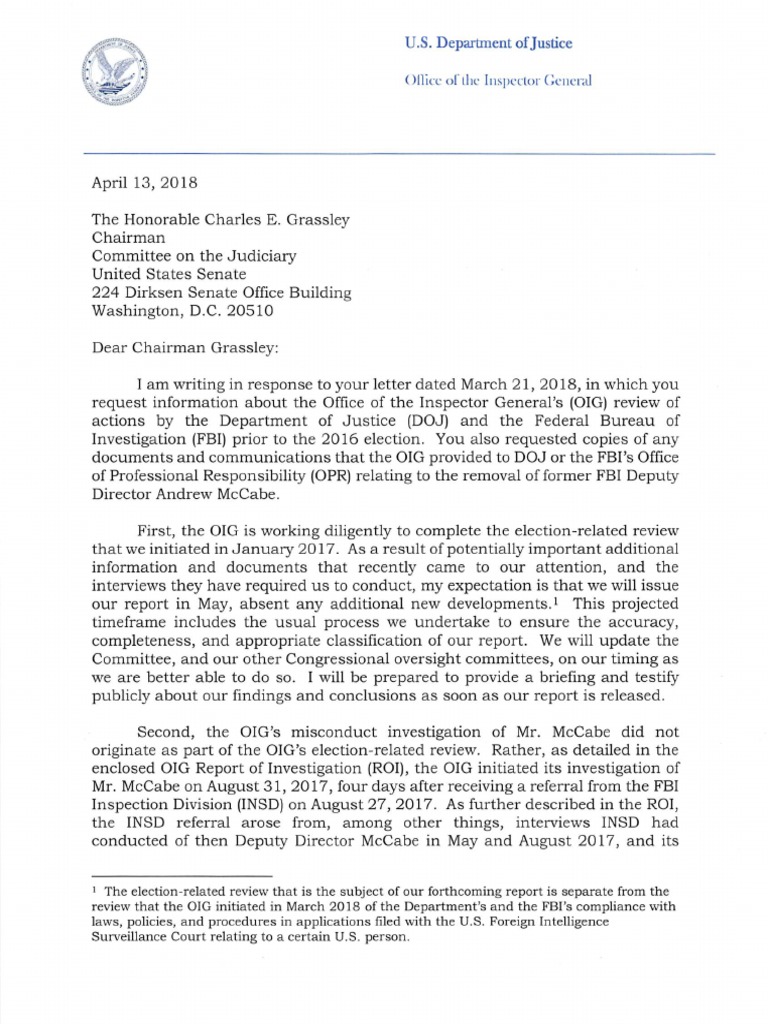 OIG Letter To Senator Chuck Grassley - Timeline For IG Report ...