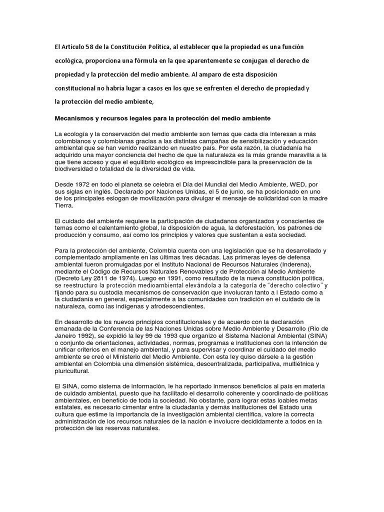 El Artículo 58 de La Constitución Política | PDF | Entorno natural ...